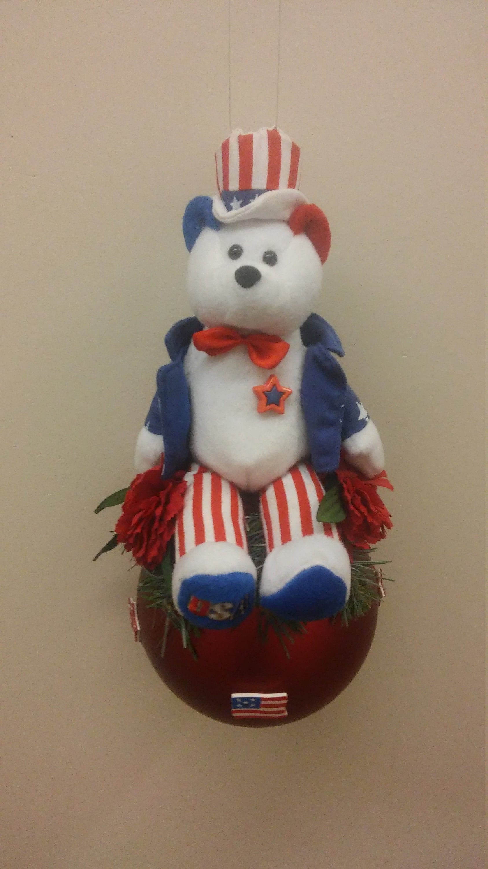 6 Inch Uncle Sam TY Plush Bear Atop a Red 6 Inch Shatterproof Ornament ...