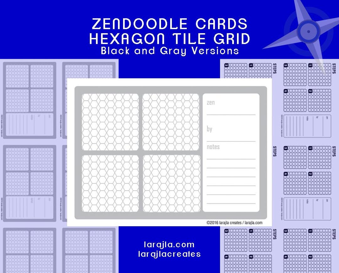 Zendoodle Design Card Printable With Hexagon Tile Grid, 4-step Design, 2.5” X 3.5” Cards, Gray ...