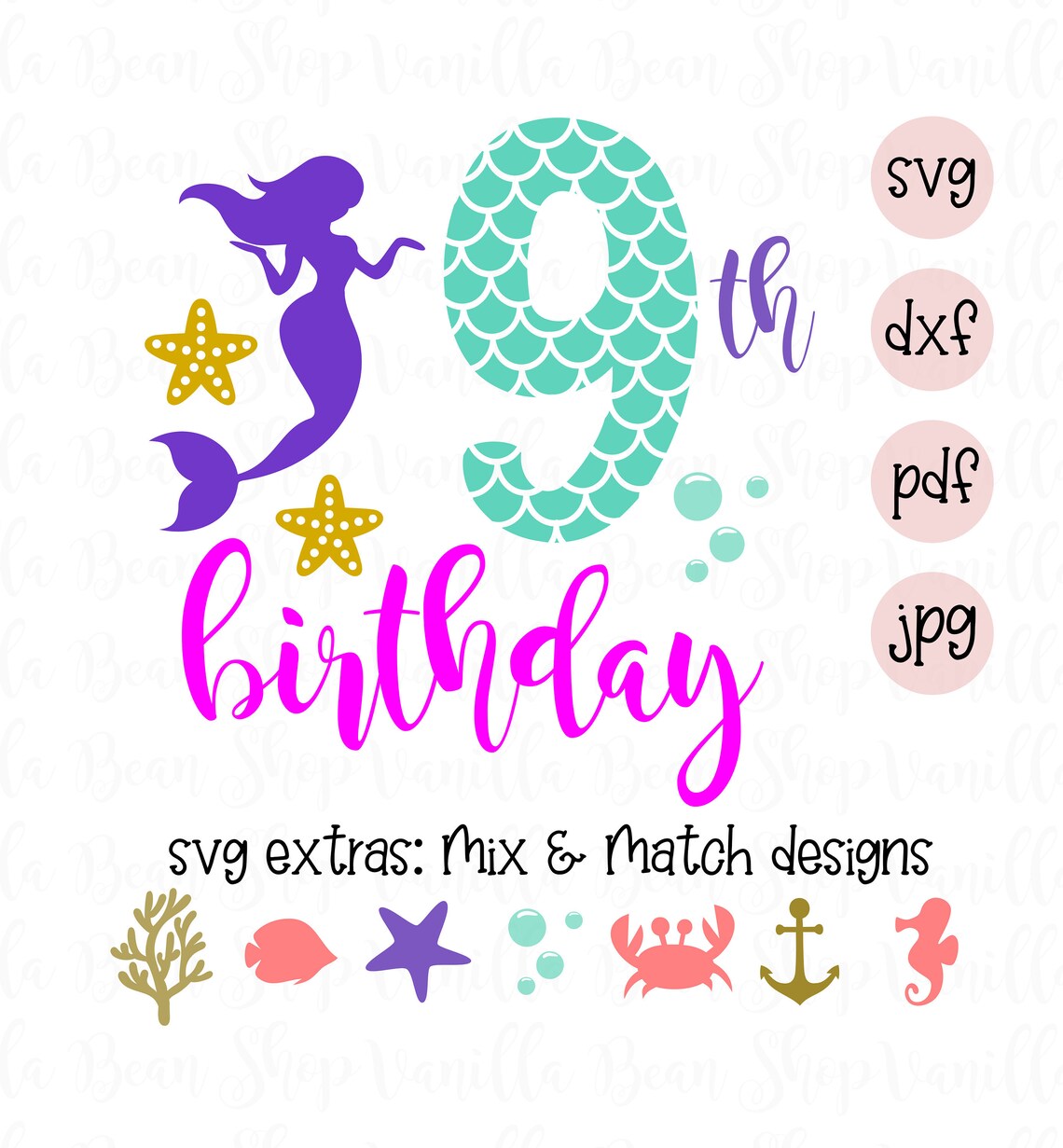 Mermaid 9th Birthday Svg | 9th Birthday Printable | Mermaid 9th ...