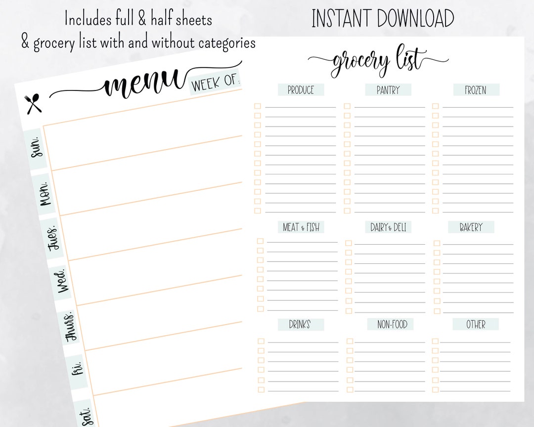 Menu Plan and Grocery List Printable, Weekly Menu Printable, Meal ...