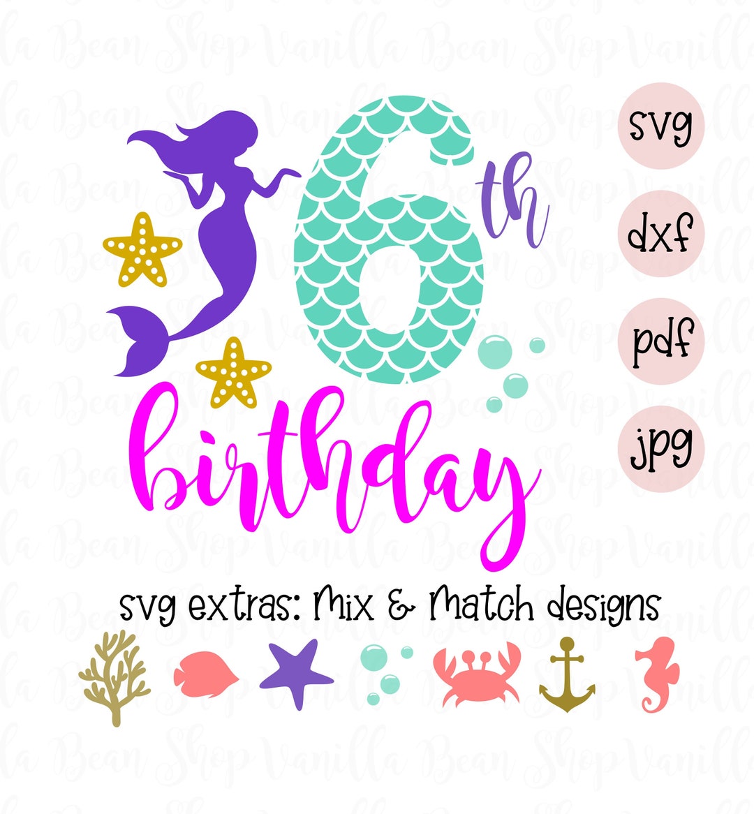Mermaid 6th Birthday Svg | 6th Birthday Printable | Mermaid 6th ...