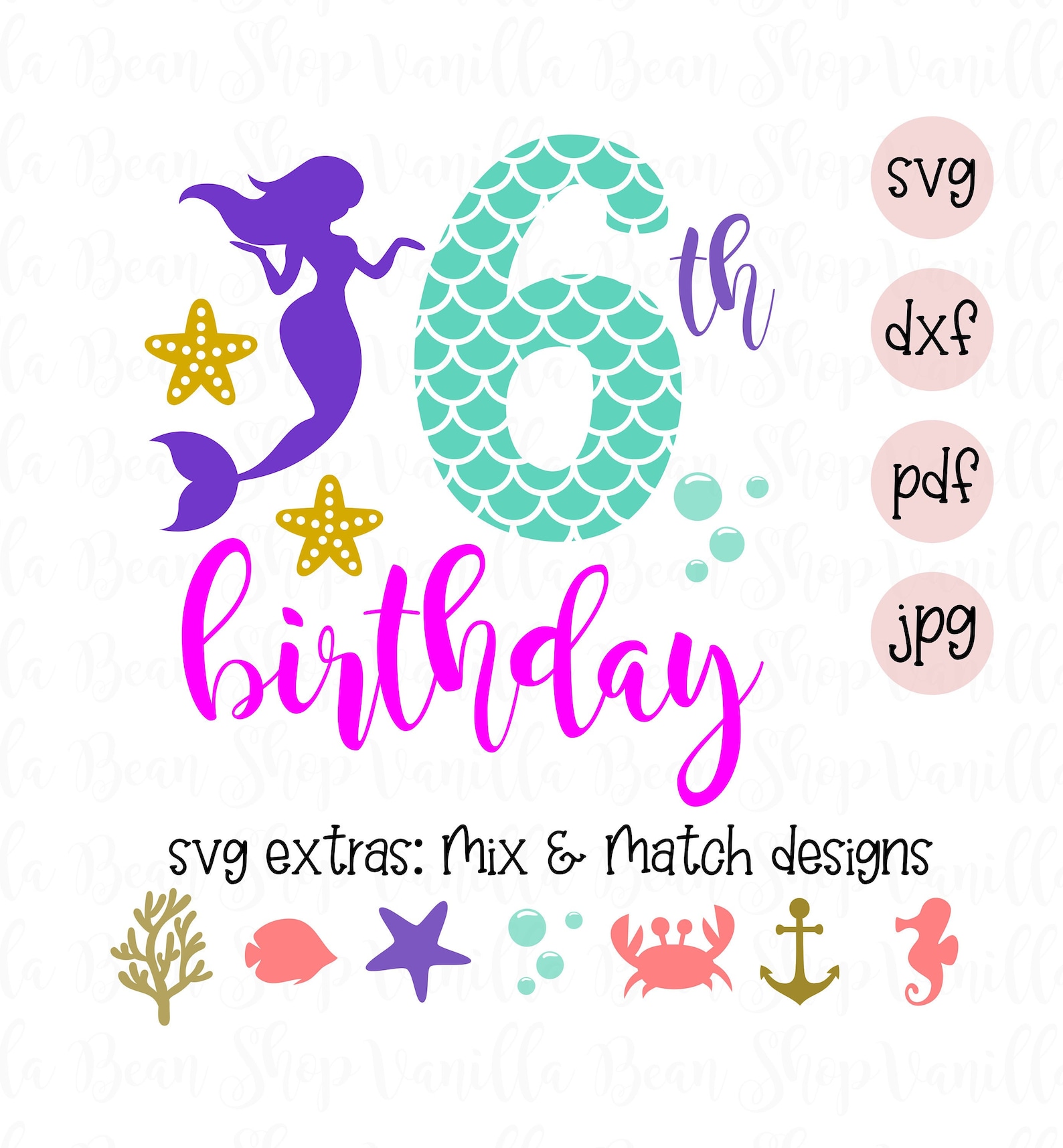 Mermaid 6th Birthday Svg | 6th Birthday Printable | Mermaid 6th ...