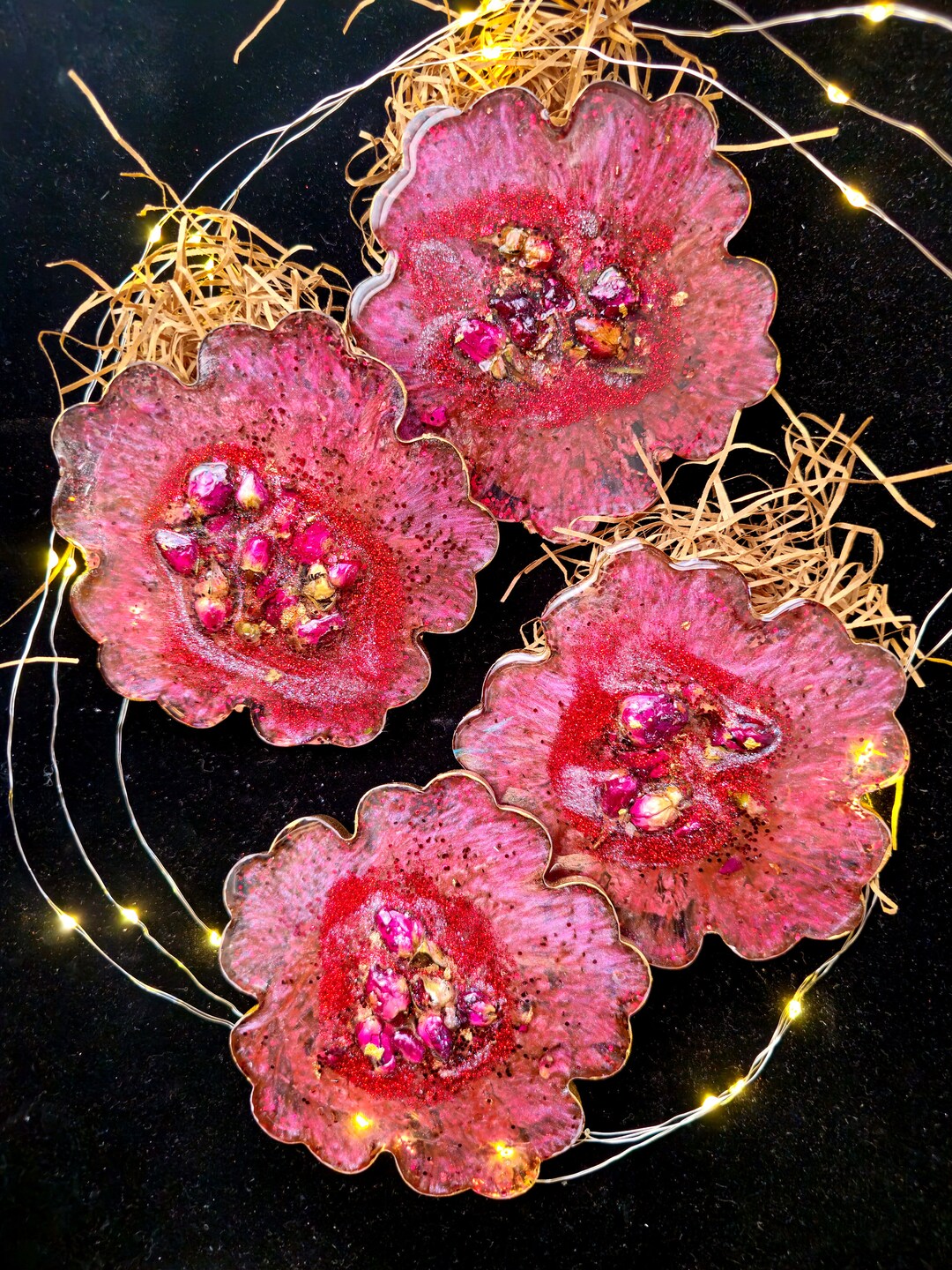Burgundy Red With Real Rose Buds With Gold Trivet/coaster Set (4) - Etsy