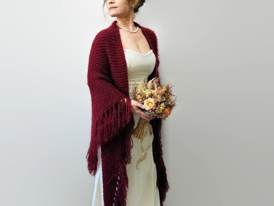 Burgundy Mohair Fuzzy Shawl: Wool Fringed Wedding Wrap - Etsy