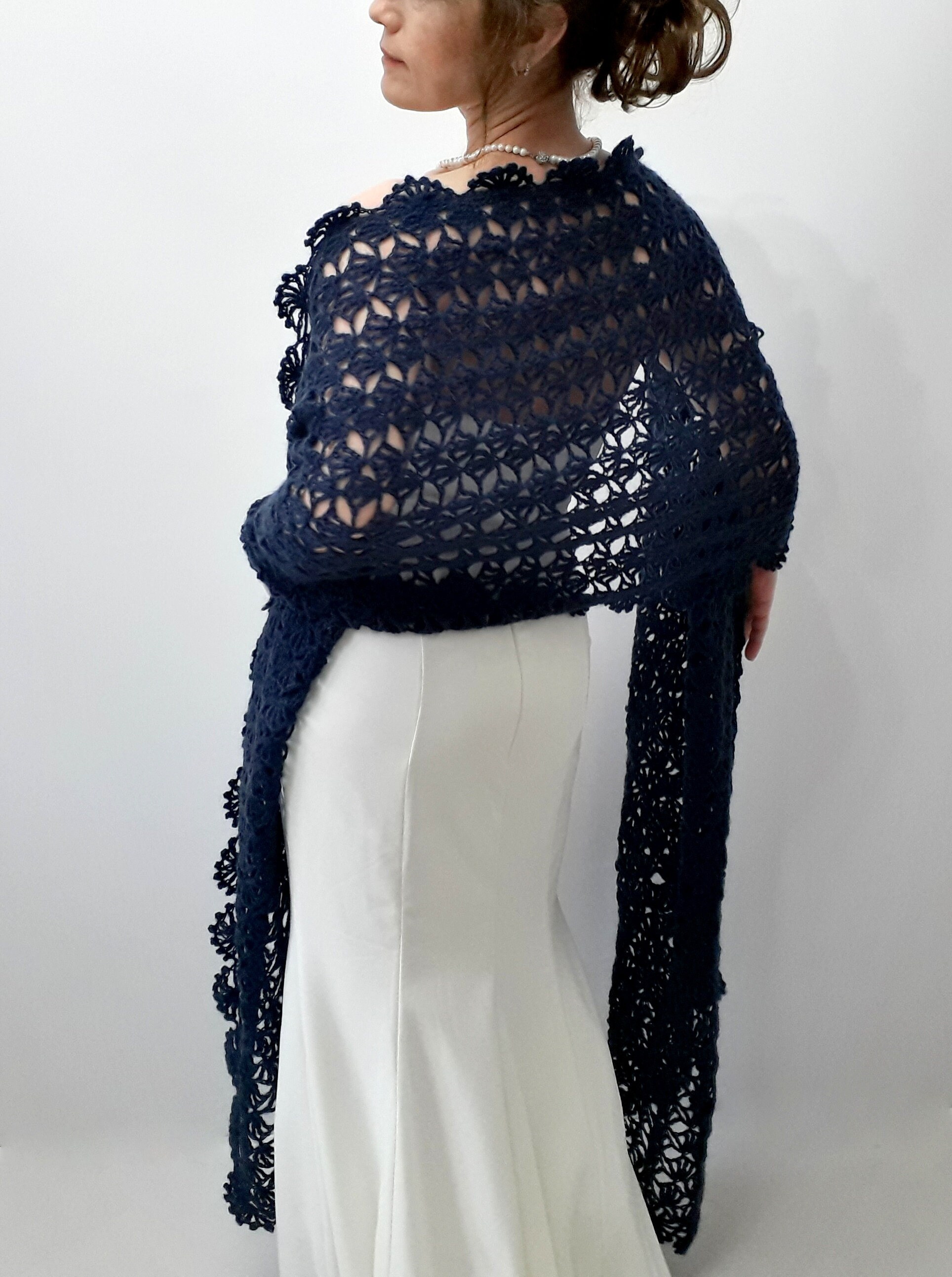 Navy Wedding Wrap Crochet Shawl Bridal Lace Stole Fall - Etsy