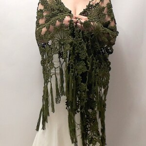 Olive Green Shawl, Evening Wrap, Cotton Cover Up, Triangular Fringed ...