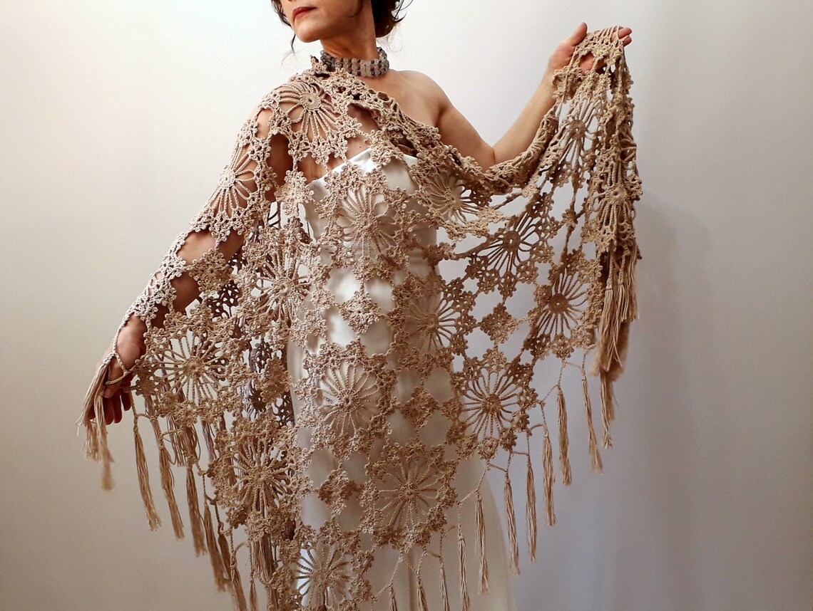 Crochet Shawl Beige Cotton Scarf Evening Wrap Summer Cover - Etsy