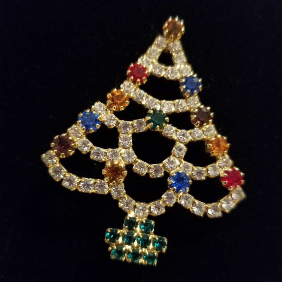Vintage/ Christmas/ Rhinestone/ Gold Tone/ Tree Brooch - Etsy