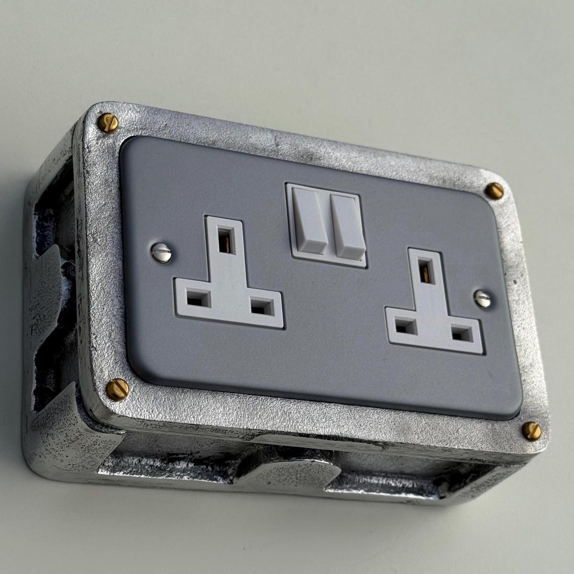 Grey Metal Clad Double Switched 13A Power Socket 230V 2 Gang 2G Cast ...