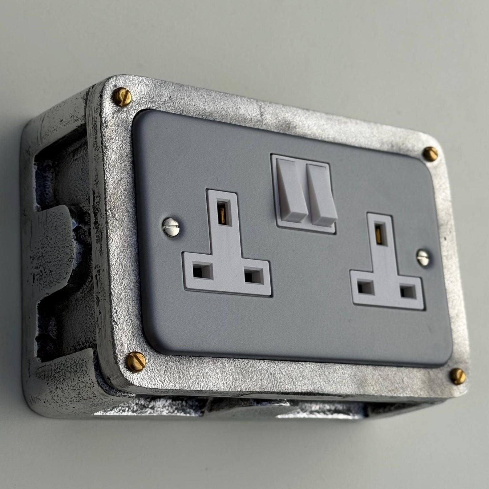 Grey Metal Clad Double Switched 13A Power Socket 230V 2 Gang 2G Cast ...