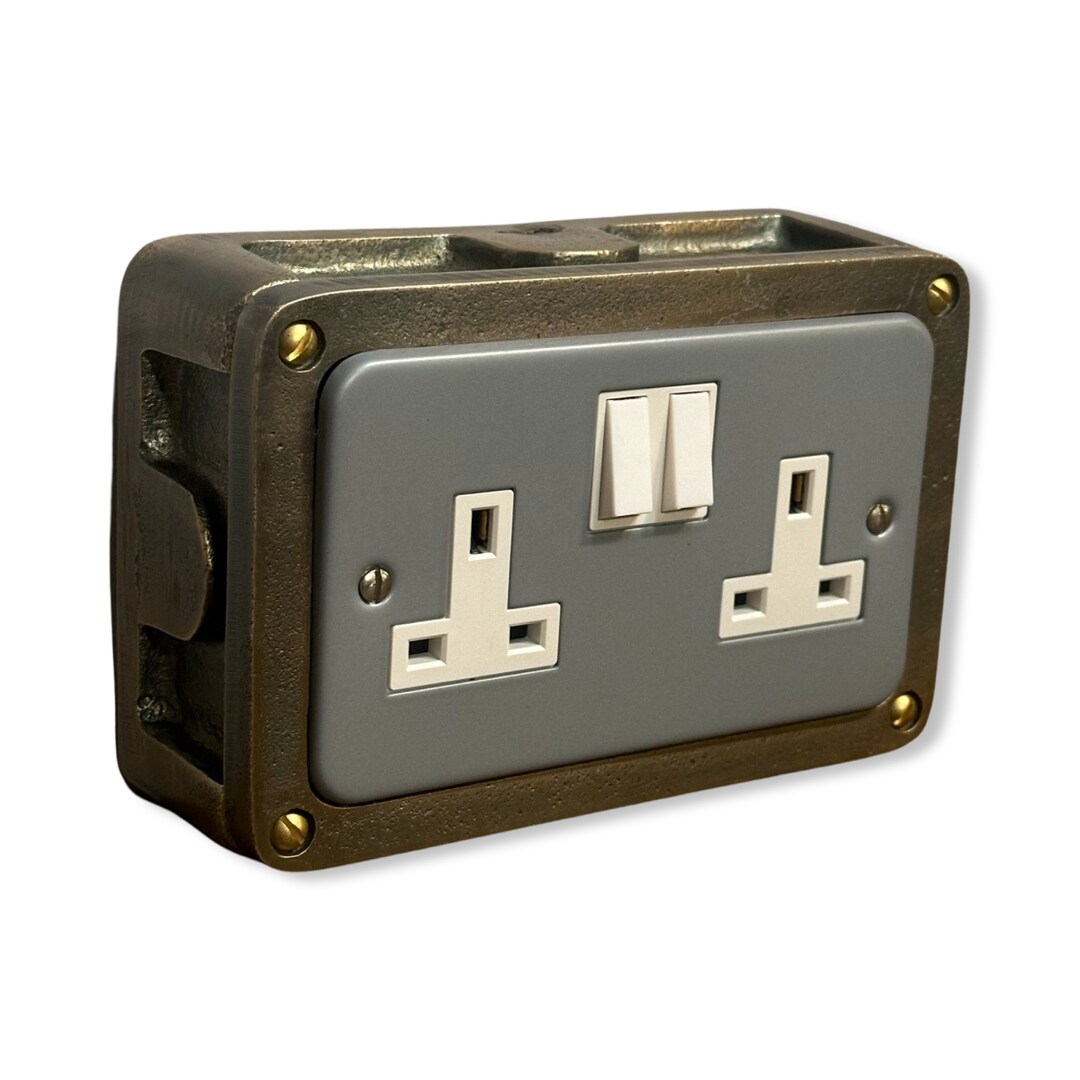 Grey Metal Clad Double Switched 13A Power Socket 230V 2 Gang 2G Socket Antique Brass Conduit ...