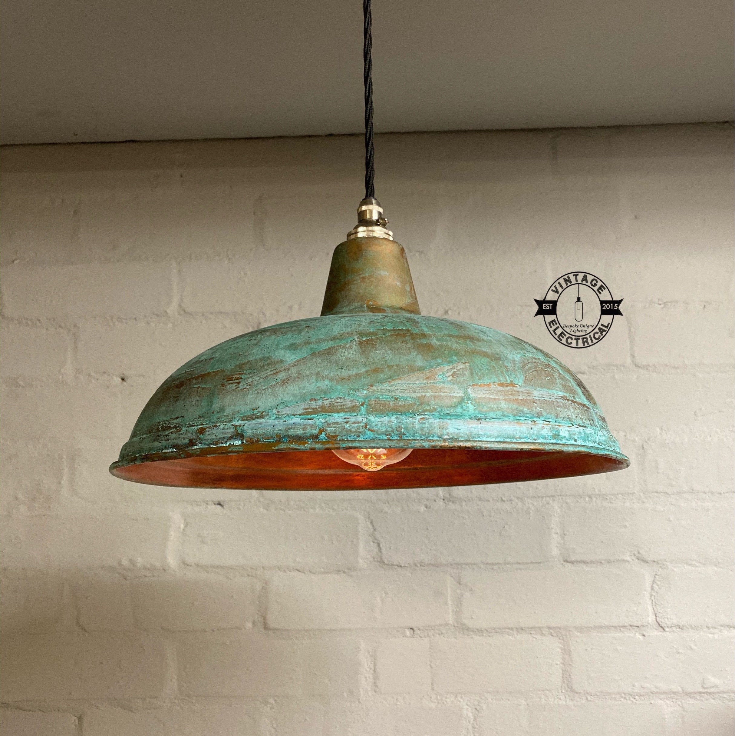 Sedgeford ~ Copper Verdigris Patina Factory Shade Pendant Set Light ...