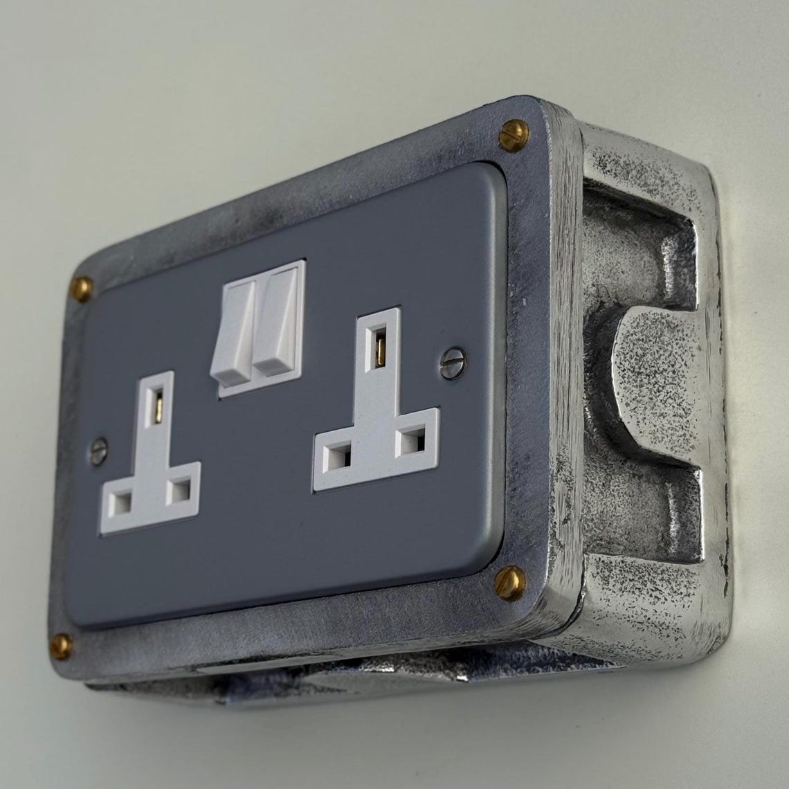 Grey Metal Clad Double Switched 13A Power Socket 230V 2 Gang 2G Cast ...
