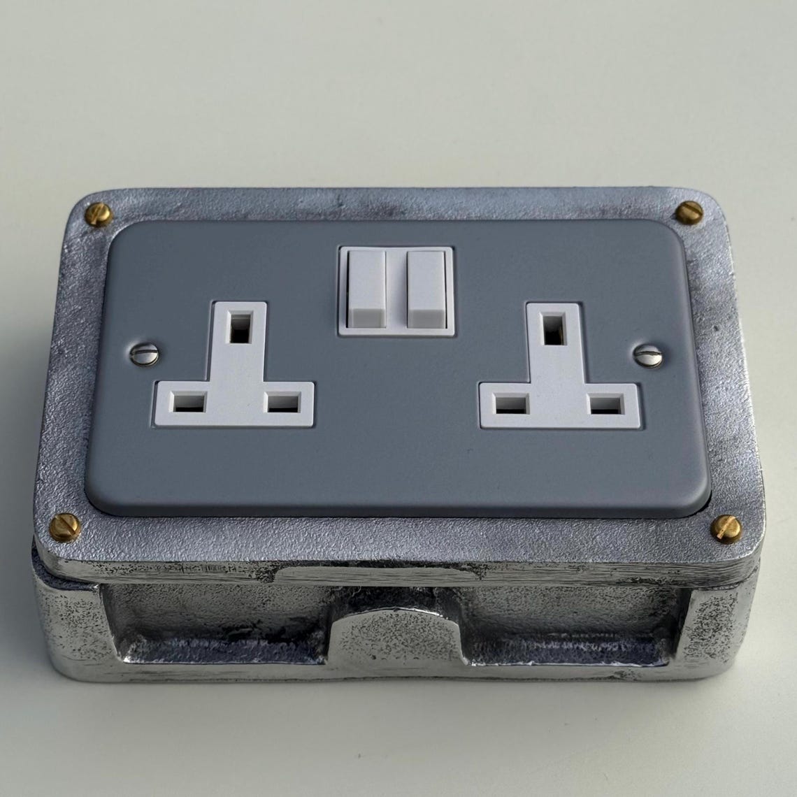 Grey Metal Clad Double Switched 13A Power Socket 230V 2 Gang 2G Cast ...