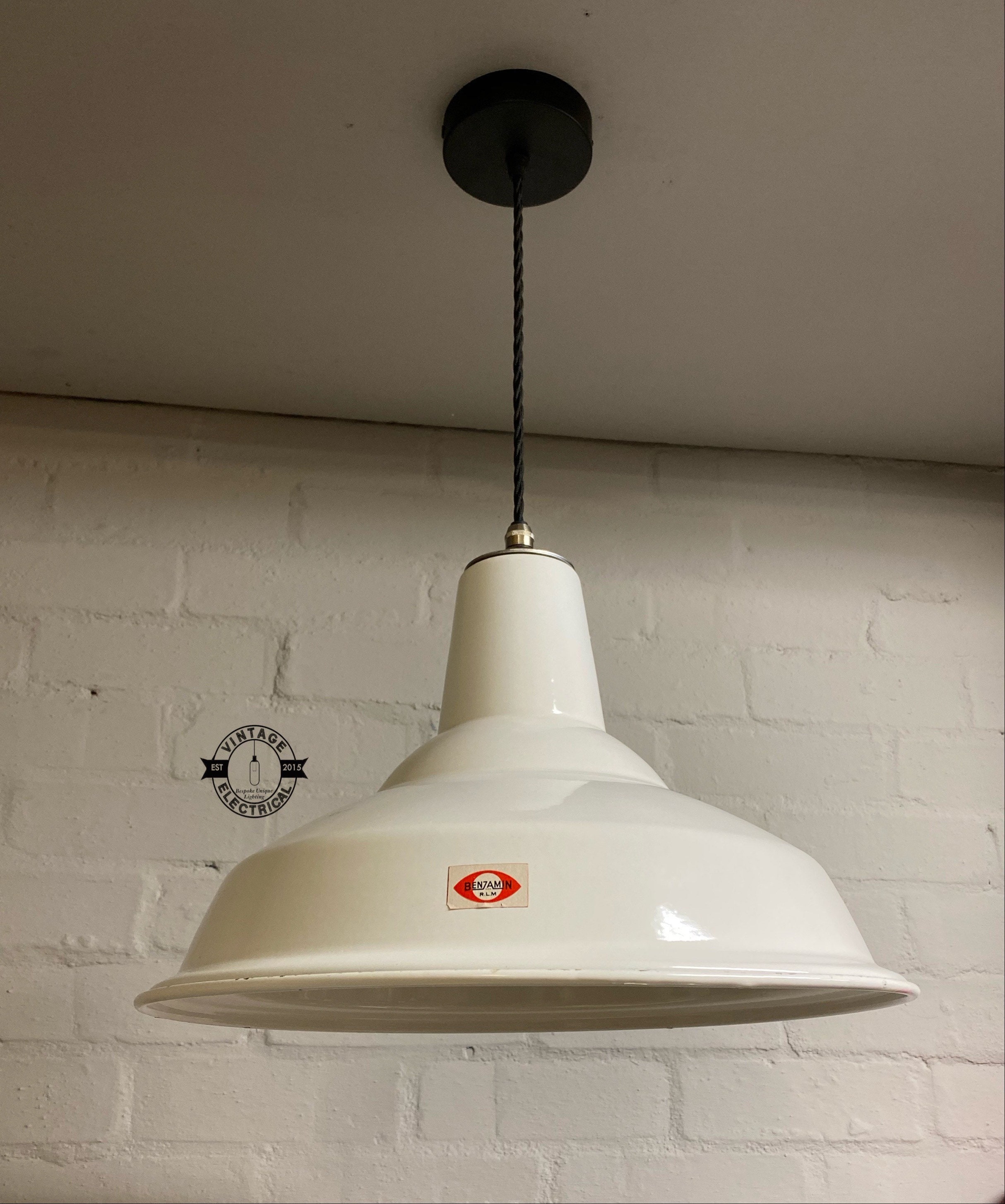Benjamin 1930's White Industrial Enamel Shade Pendant Set Light ...