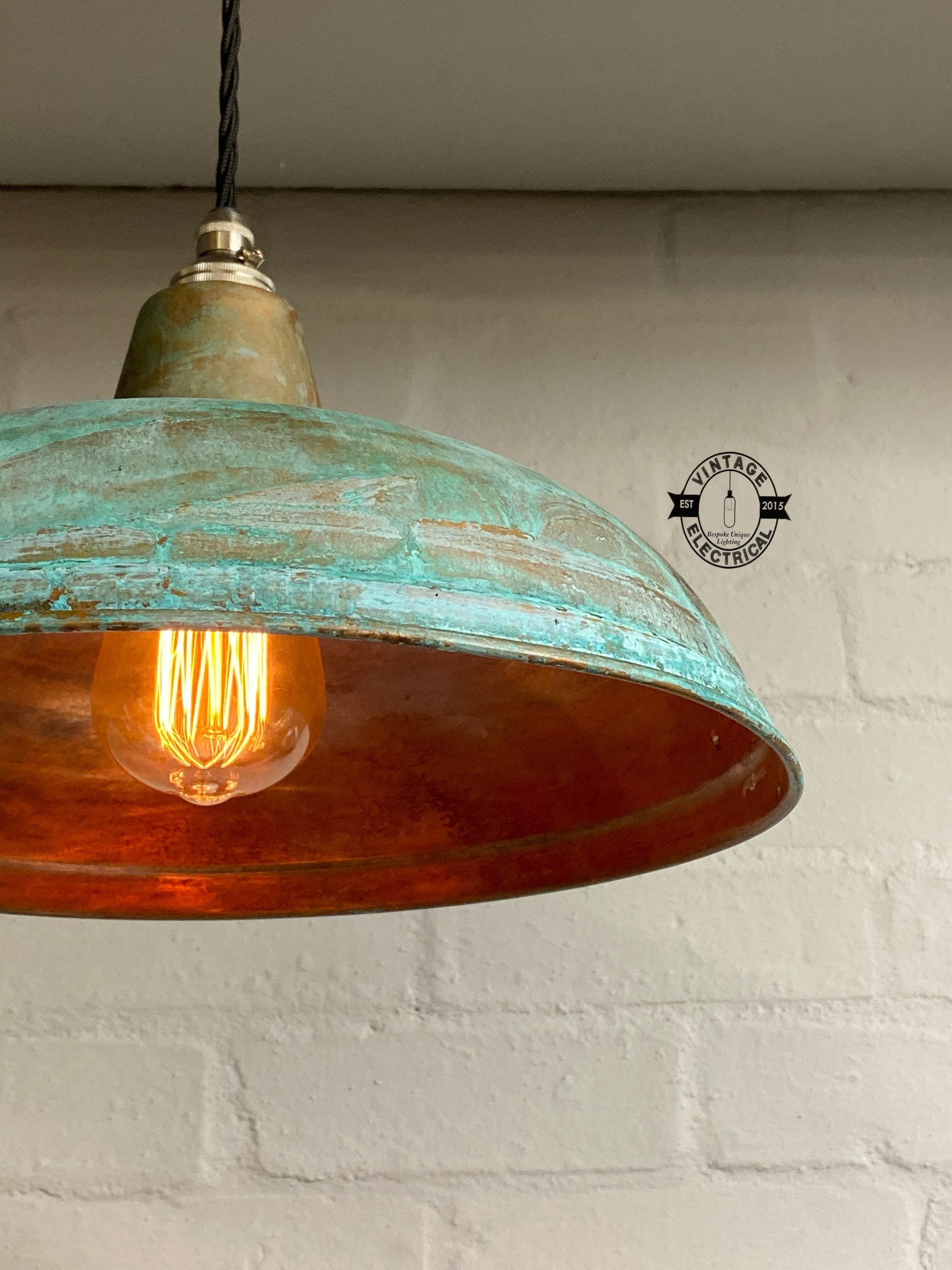 Sedgeford ~ Copper Verdigris Patina Factory Shade Pendant Set Light ...