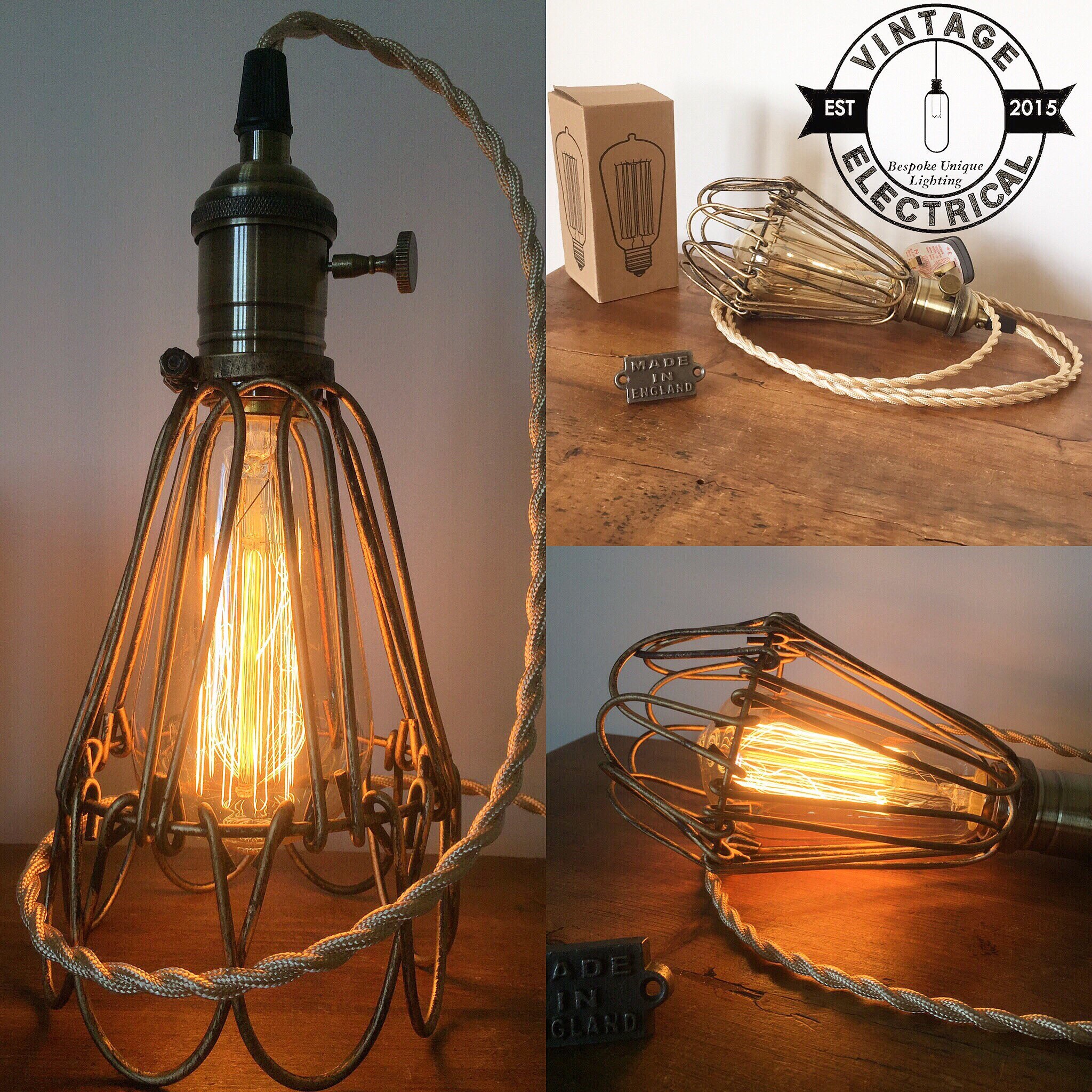 Hemsby ~ Vintage Style Brass Cage Bedside Lamp | Fabric Cable | Bedroom ...