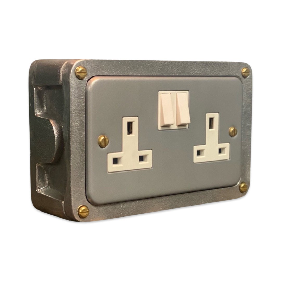 Grey Metal Clad Double Switched 13A Power Socket 230V 2 Gang 2G Socket ...