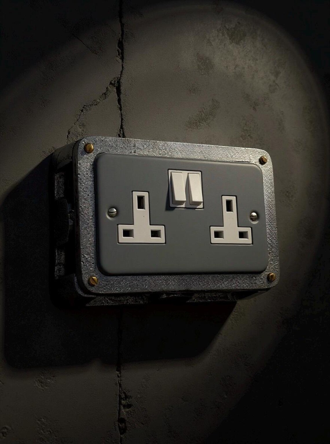 Grey Metal Clad Double Switched 13A Power Socket 230V 2 Gang 2G Cast ...
