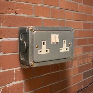 Grey Metal Clad Double Switched 13A Power Socket 230V 2 Gang 2G Socket ...