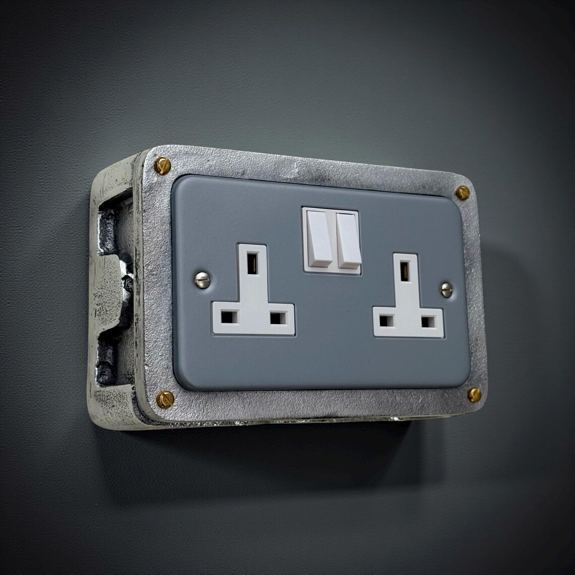 Grey Metal Clad Double Switched 13A Power Socket 230V 2 Gang 2G Cast ...