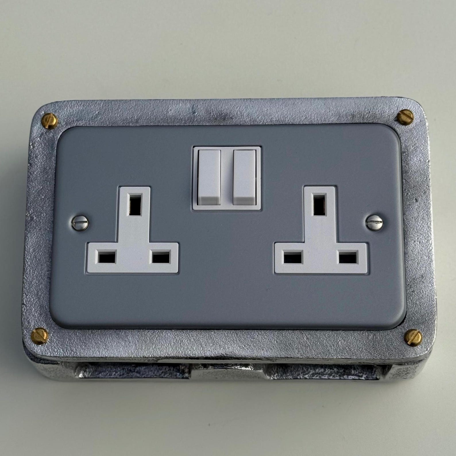 Grey Metal Clad Double Switched 13A Power Socket 230V 2 Gang 2G Cast ...