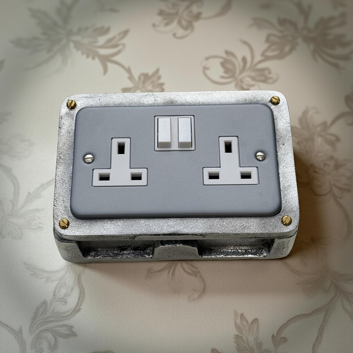 Grey Metal Clad Double Switched 13A Power Socket 230V 2 Gang 2G Cast ...