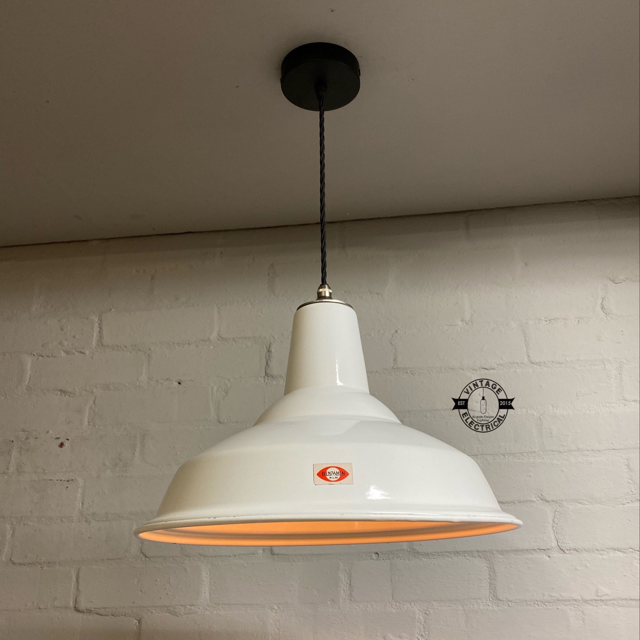 Benjamin 1930's White Industrial Enamel Shade Pendant Set Light ...
