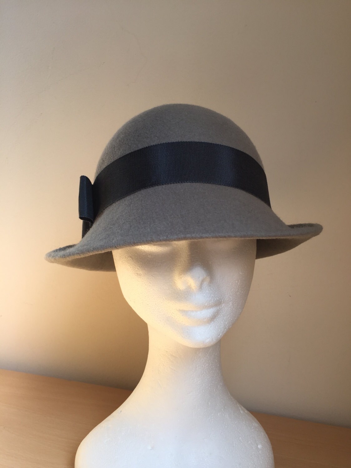 Grey Wool Felt Cloche With Dark Grey Petersham Band and Bow, Winter ...
