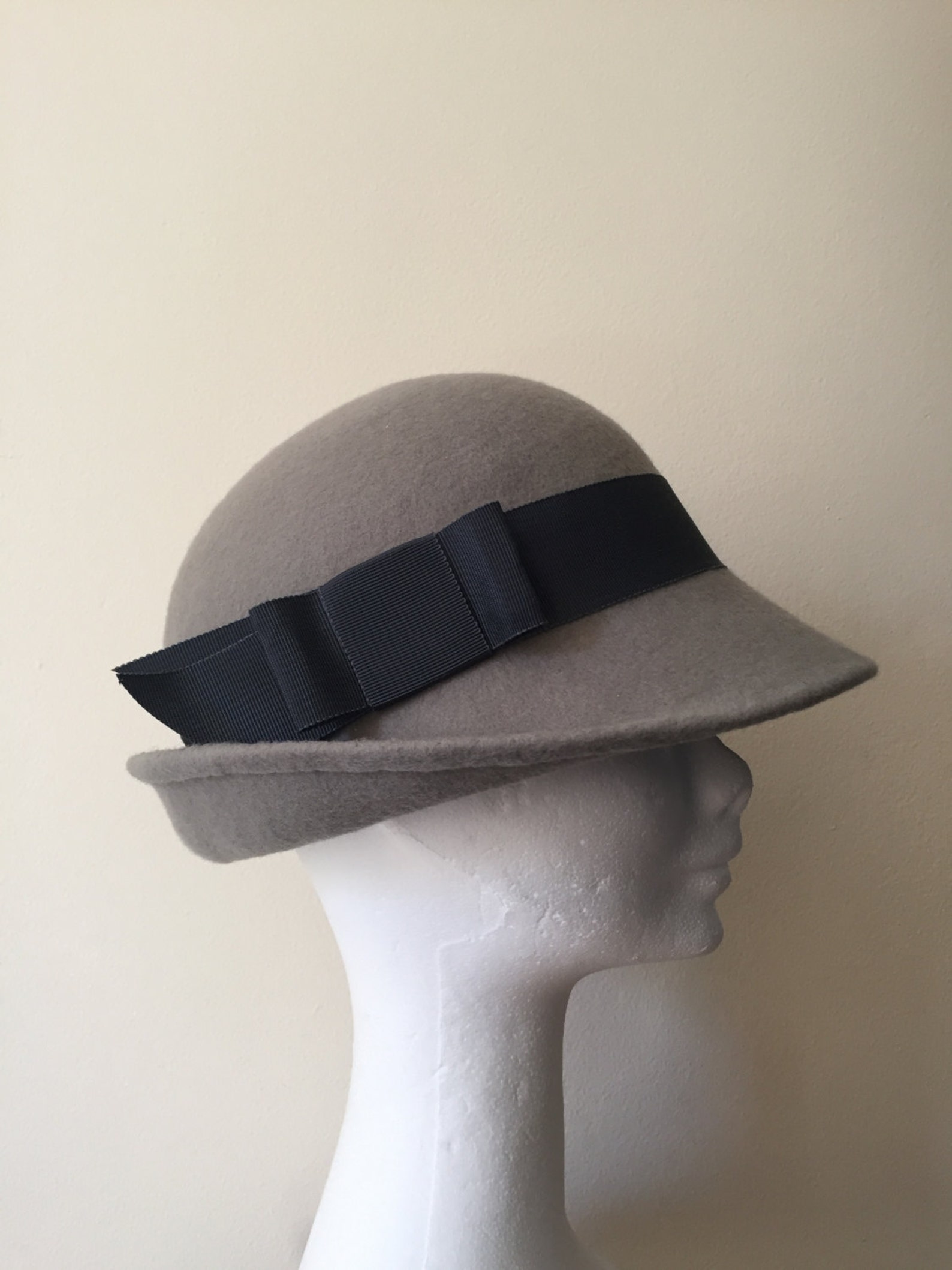 Grey Wool Felt Cloche With Dark Grey Petersham Band and Bow, Winter ...
