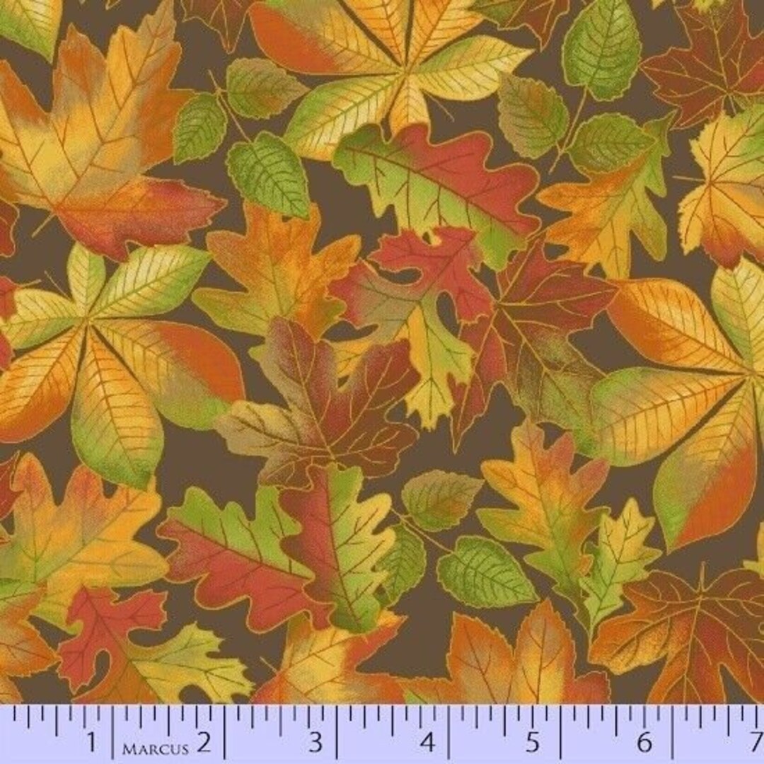 1/2 METRE Marcus Fabric Songbook Harvest Fall Autumn Leaf Toss Taupe ...