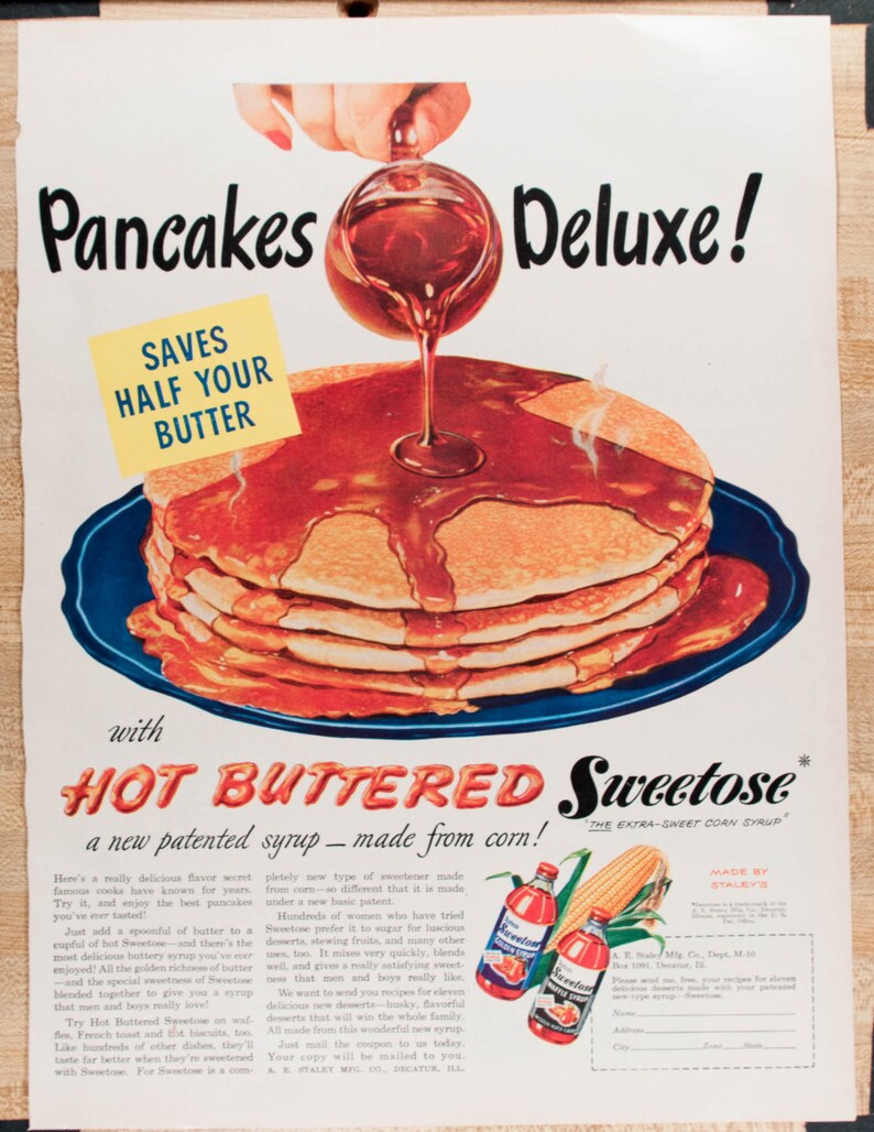Sweetose Corn Syrup "pancake" Ad From 1947 (AD47-41) - Etsy