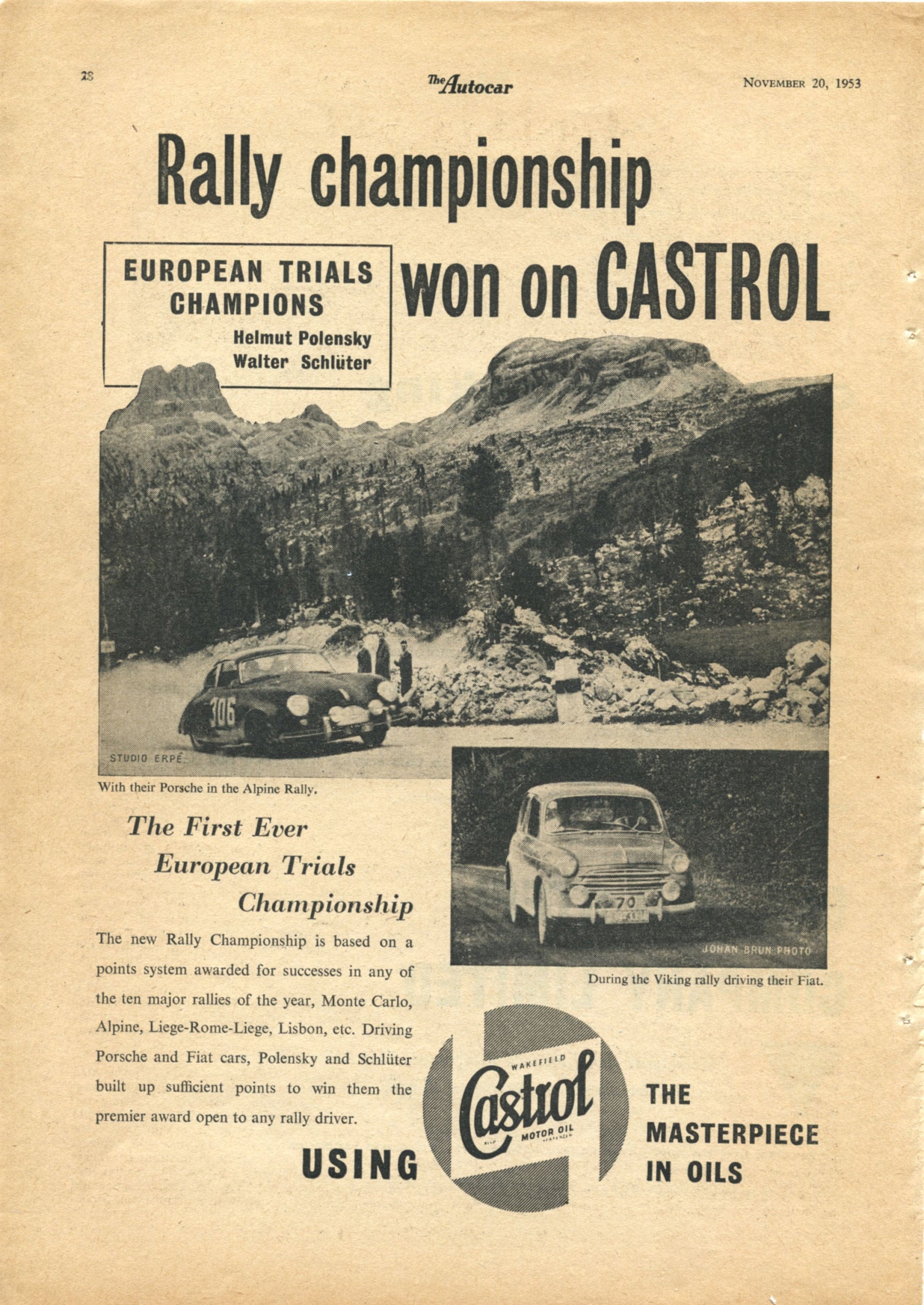 1953 Castrol Motor Oil Rally Ad Featuring Porsche and Fiat (53-AUT-07 ...