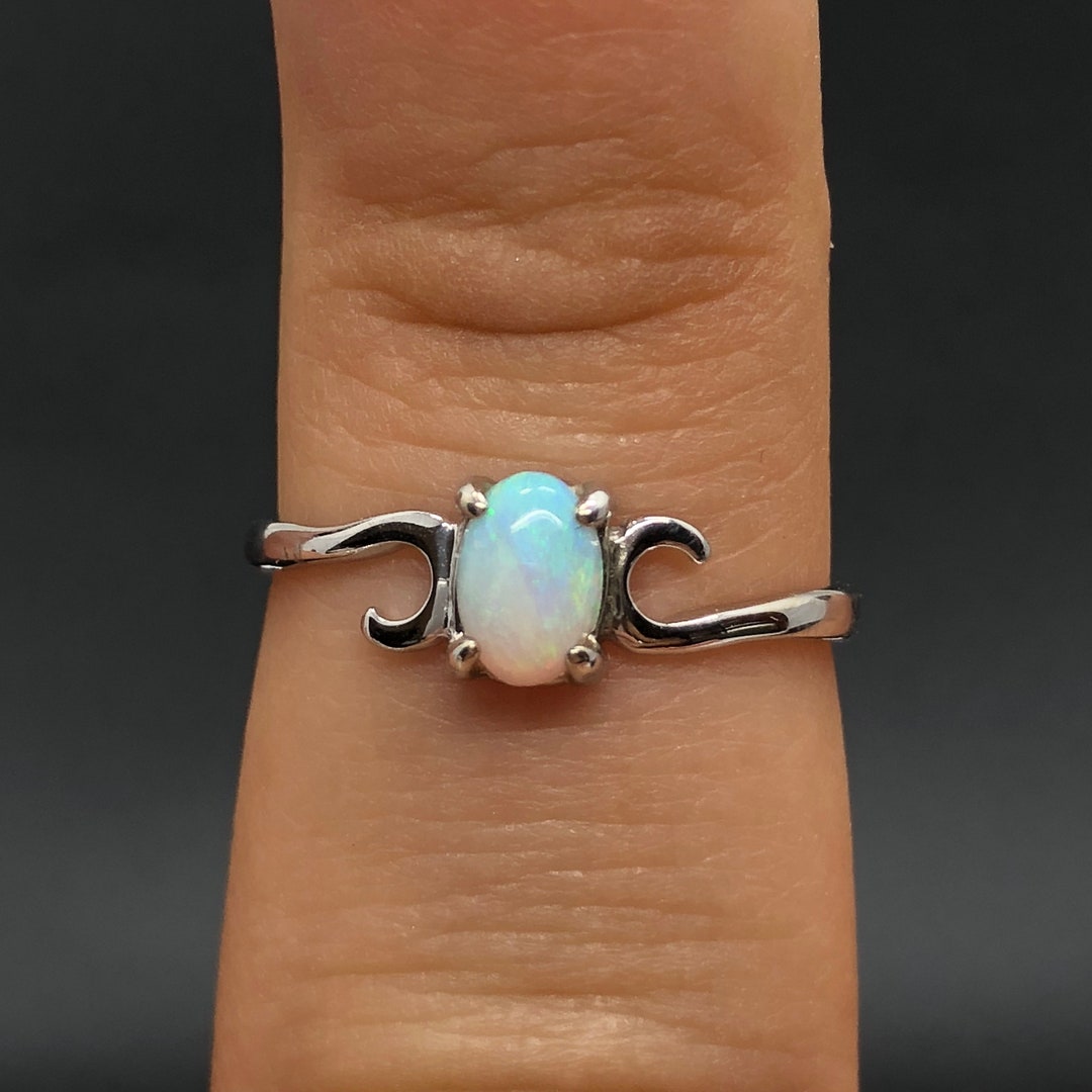 14K White Gold Dainty Opal Ring - 14K Opal Engagement Ring - Opal ...