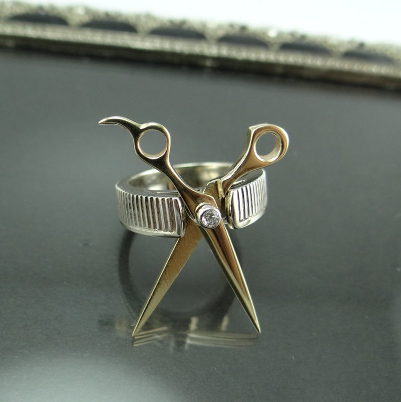 14K Two Tone Gold Diamond Scissor and Comb Ring 14K Yellow - Etsy