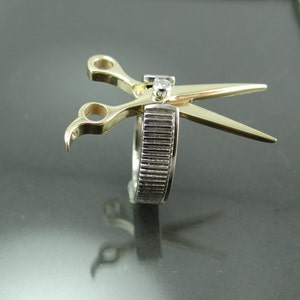 14K Two Tone Gold Diamond Scissor and Comb Ring - 14K Yellow and White ...