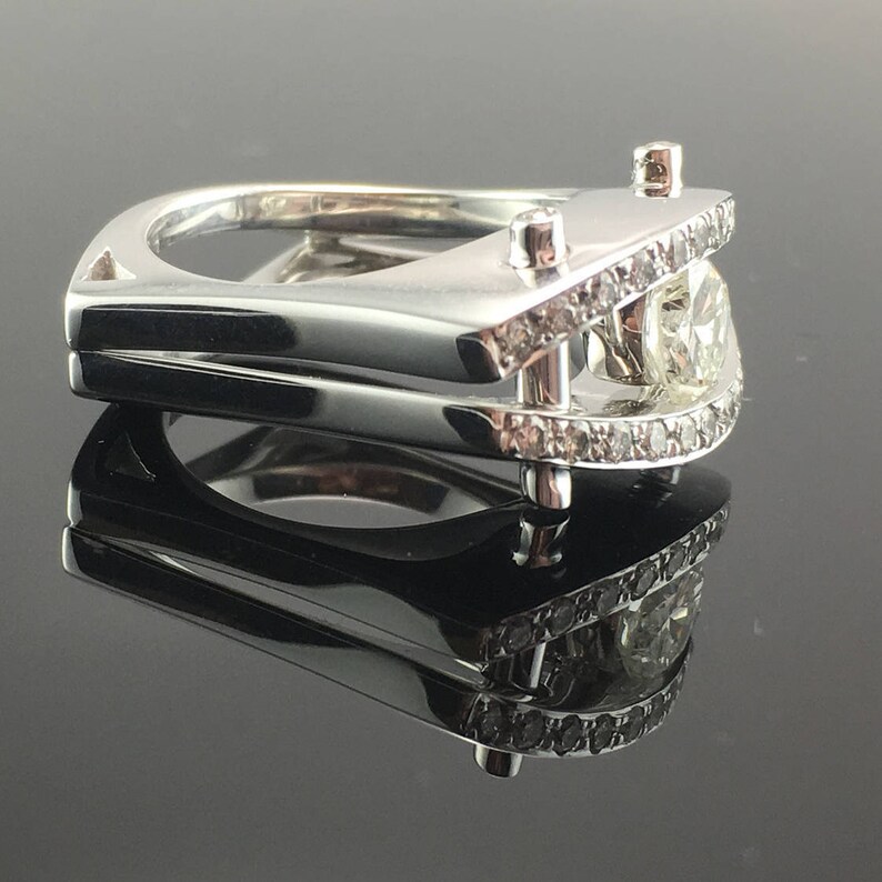 Modern Abstract Diamond Engagement Ring- 14K White Gold Handmade Unique ...