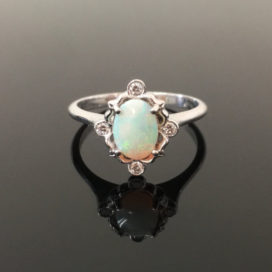 White Gold Opal Engagement Ring - 14K White Gold Opal Diamond Victorian ...