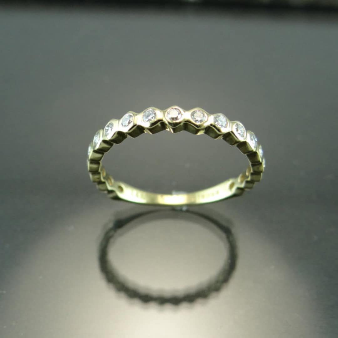 14K Yellow Gold Burnish Set Diamond Wedding Band- Yellow Gold Geometric ...