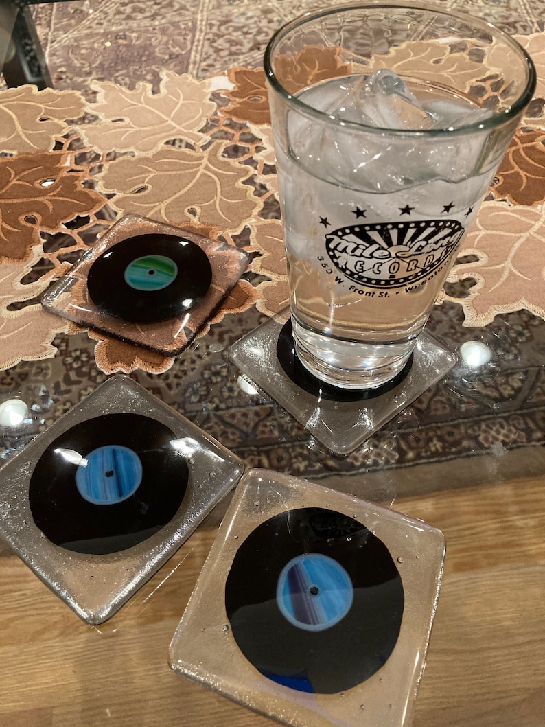 Fused Glass Vinyl Record Coasters Set of Four With Holder - Etsy