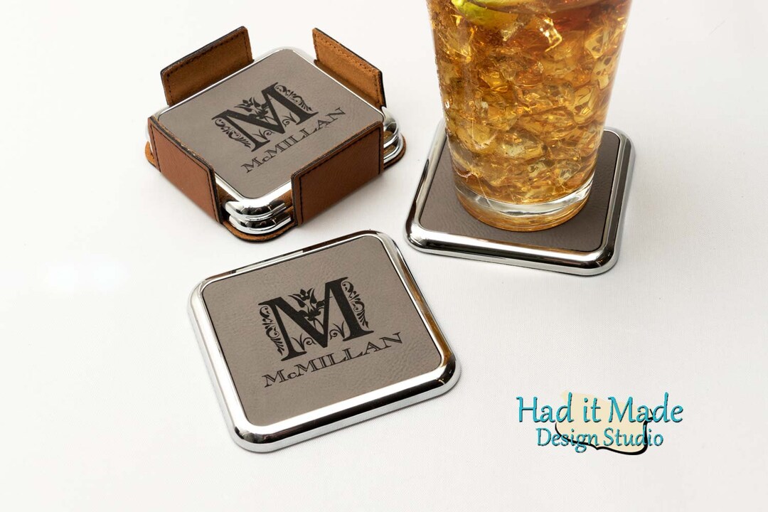 Monogram Coaster Set, cs-m22b Monogram Leather Coaster, 3rd Anniversary ...