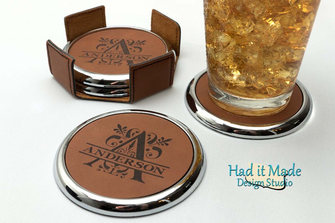 Monogram Coaster Set, CS-M3 Leather Coaster, 3rd Anniversary, Wedding ...