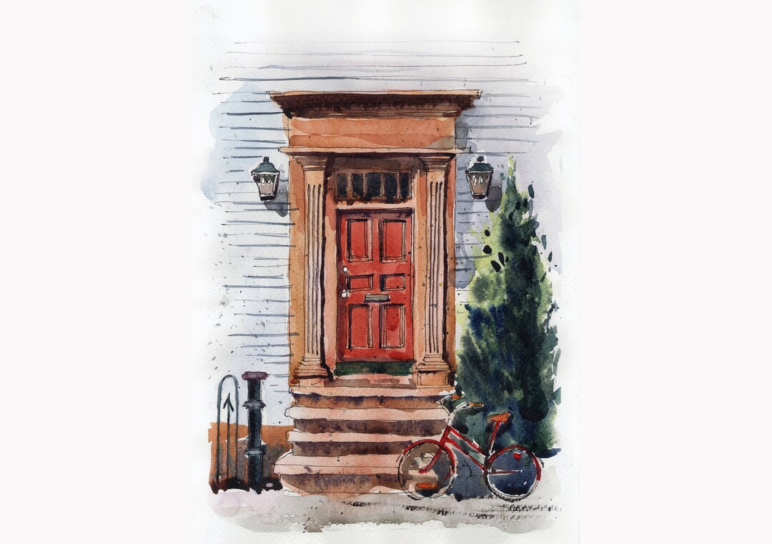 Red Door Print of Original Watercolor Painting Architecture Sketch ...