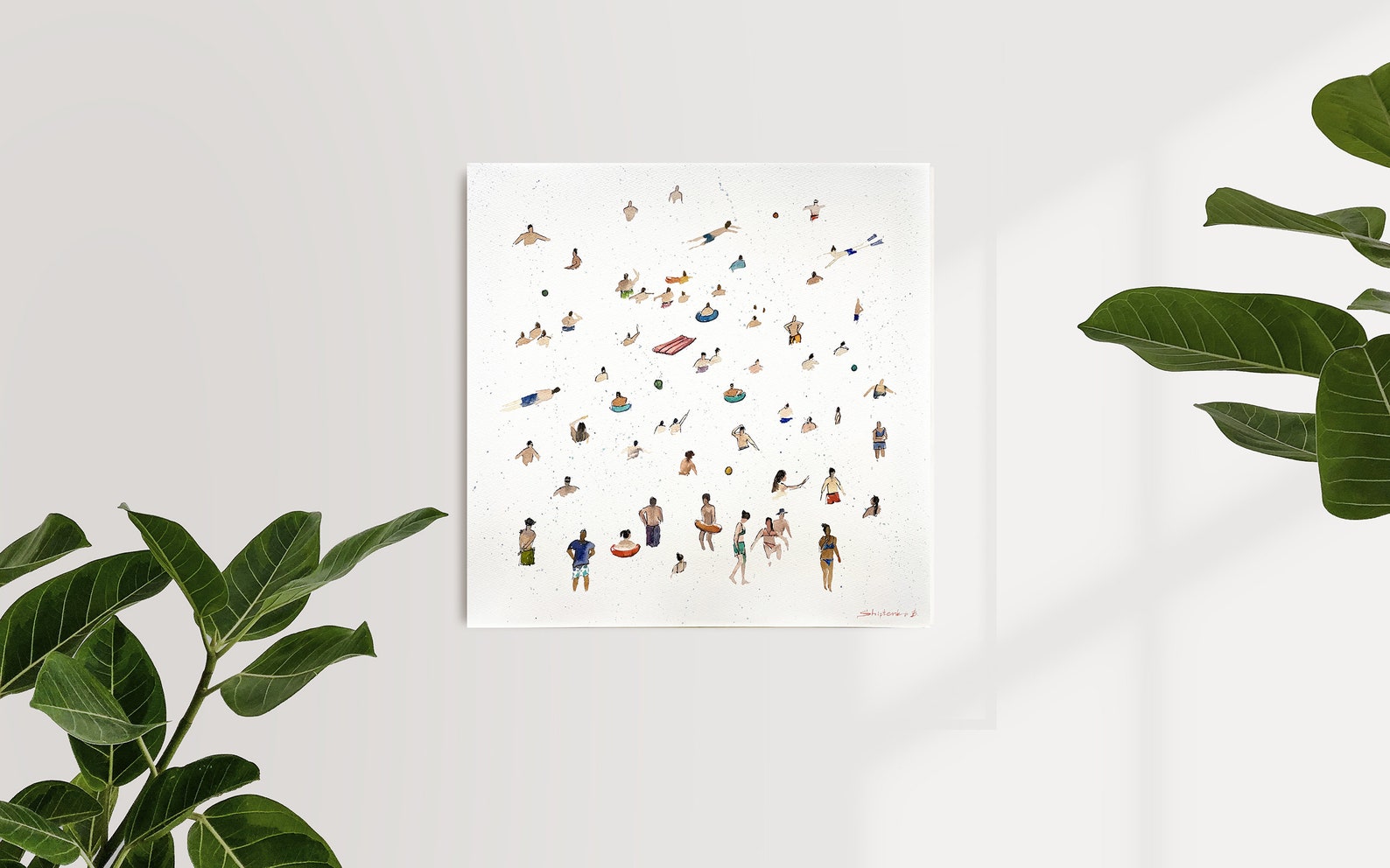 Bathing Season Original Art Watercolor Painting Swimming People Beach ...