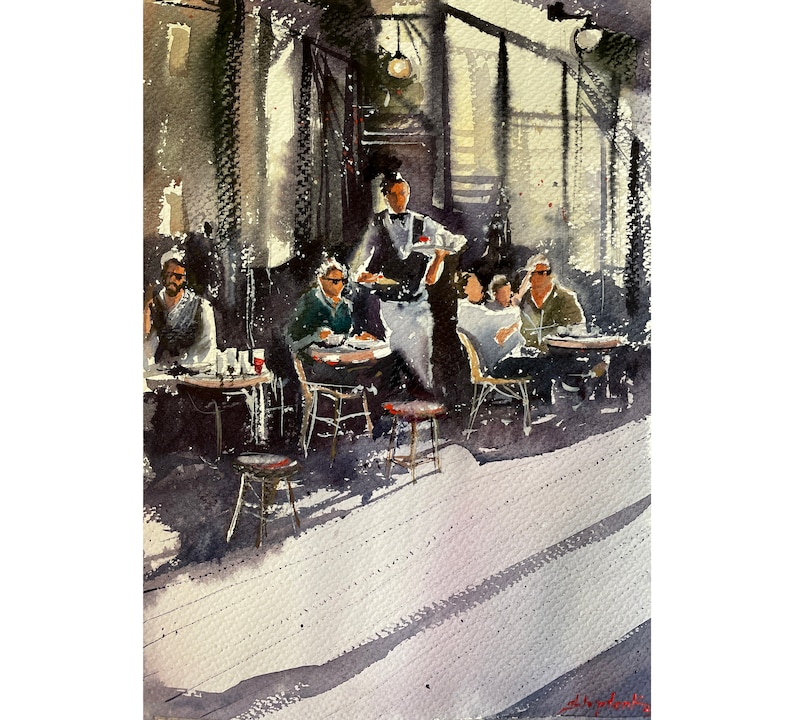 Waiter Restaurant Painting Print of Original Art Watercolor Painting ...