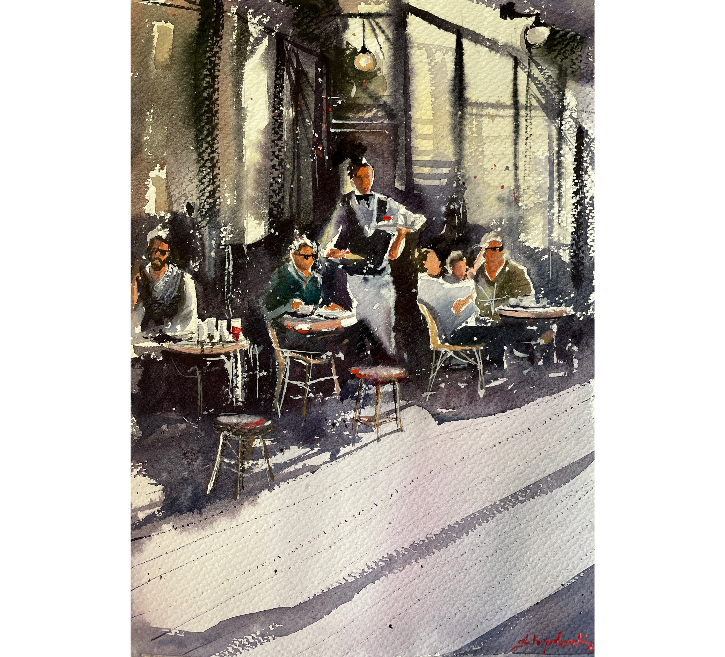 Waiter Restaurant Painting Print of Original Art Watercolor Painting ...