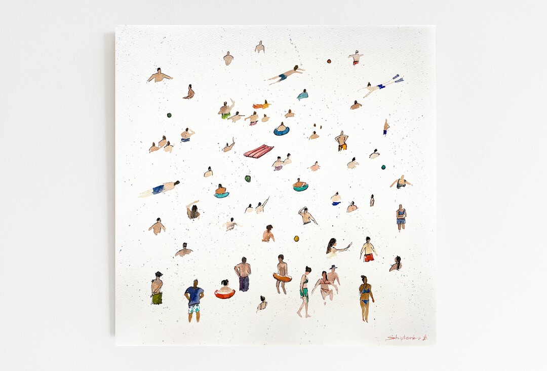 Bathing Season Original Art Watercolor Painting Swimming People Beach ...