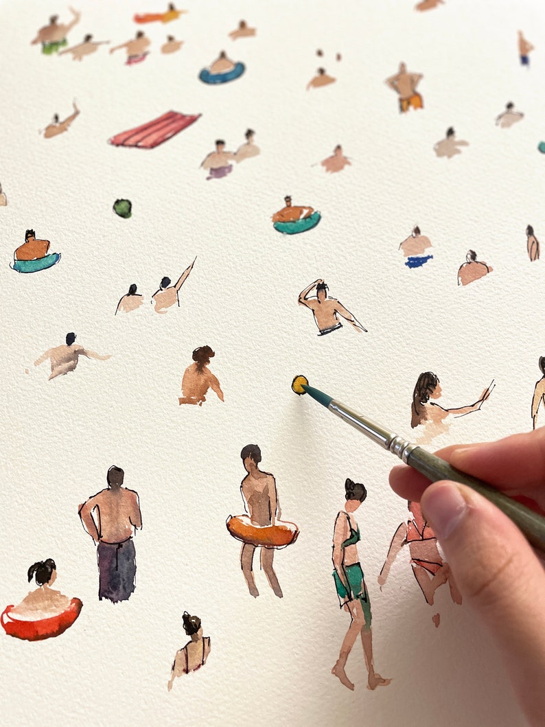 Bathing Season Original Art Watercolor Painting Swimming People Beach ...