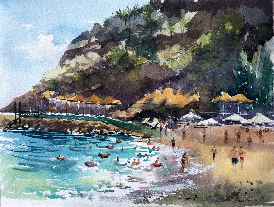 Alanya Beach Original Watercolor Painting Seascape Artwork Nautical Art ...