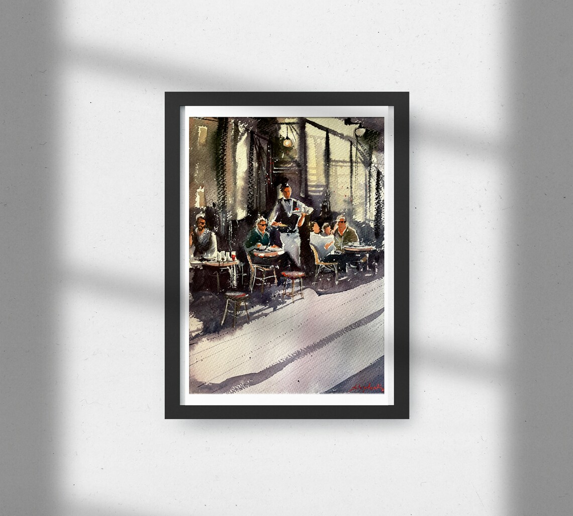 Waiter Restaurant Painting Print of Original Art Watercolor Painting ...